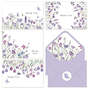 Whaline 32 Pack Purple Floral Thank You Cards Wildflower Greeting Cards with Envelopes Stickers Blank Note Cards for Wedding Bridal Baby Shower Birthday, 4 x 6 Inch