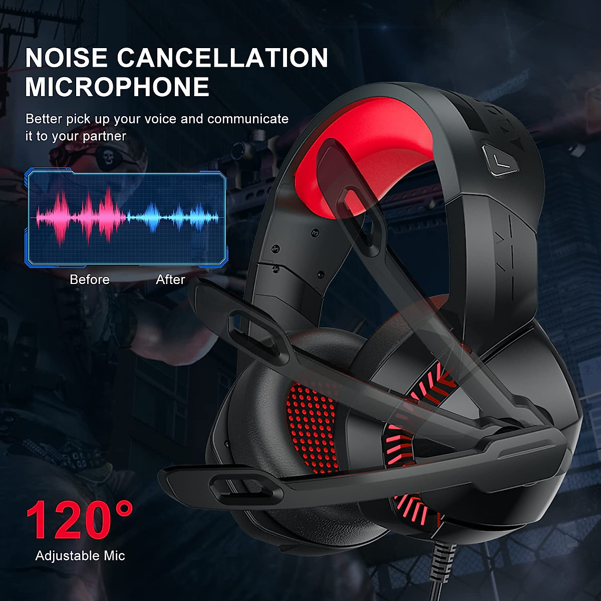 PHOINIKAS PS4 Gaming Headset with 7.1 Surround Sound, PC Headset with Noise Canceling Mic & LED Light, H3 Over Ear Headphones for Nintendo Switch, PS5, Xbox One, Laptop (Red)