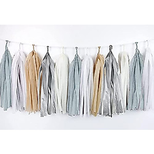 5-Pack Tan Brwon Gray Cream White Tissue Paper Tassel Garland Banner Party Streamers Backdrop for Neutral Baby Shower Birthday Wedding Bridal Shower Bachelorette Party Nursery Wall Hanging Decoration