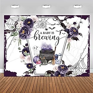 Mocsicka Halloween Baby Shower Backdrop A Baby is Brewing Baby Shower Party Decoartion Watercolor Flower Coffin Vampire Bat Baby Sprinkle Banner (Purple, 7x5ft(82''x60''))