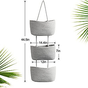 TeoKJ Over the Door Organizer, 3-Tier Woven Cotton Hanging Kitchen Baskets Storage Organizer Bag with Hooks Wall-Mounted Decorative Rope Baskets - Gray