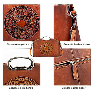 ah arctic hunter Genuine Leather Handbags for Women, Organizer Crossbody Bag Large Satchel Vintage Embossing Totem Shoulder Bag (brown)