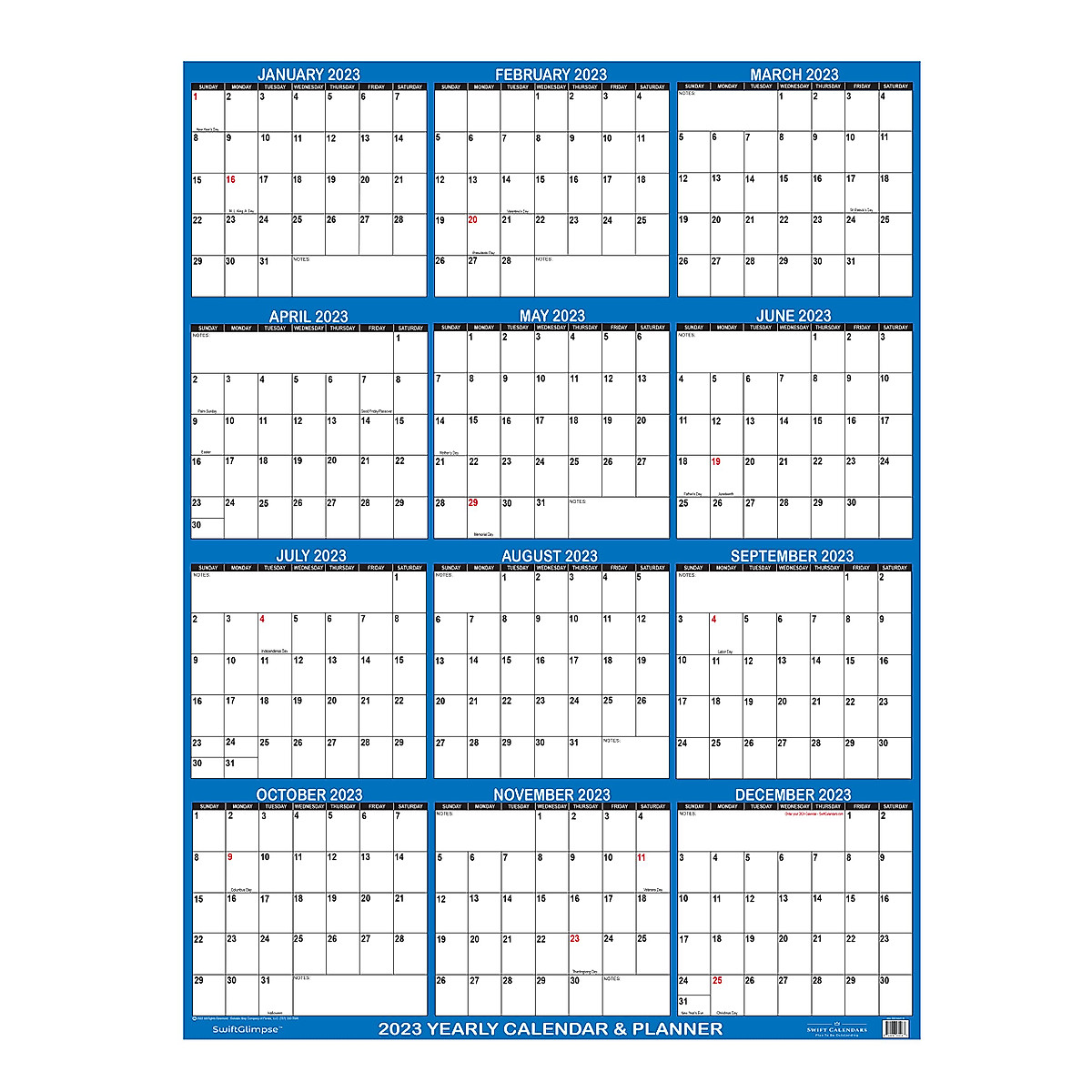 32" x 48" SwiftGlimpse 2023 Wall Calendar Erasable Large XL Wet & Dry Erase Laminated 12 Month Annual Yearly Wall Planner, Reversible, Navy