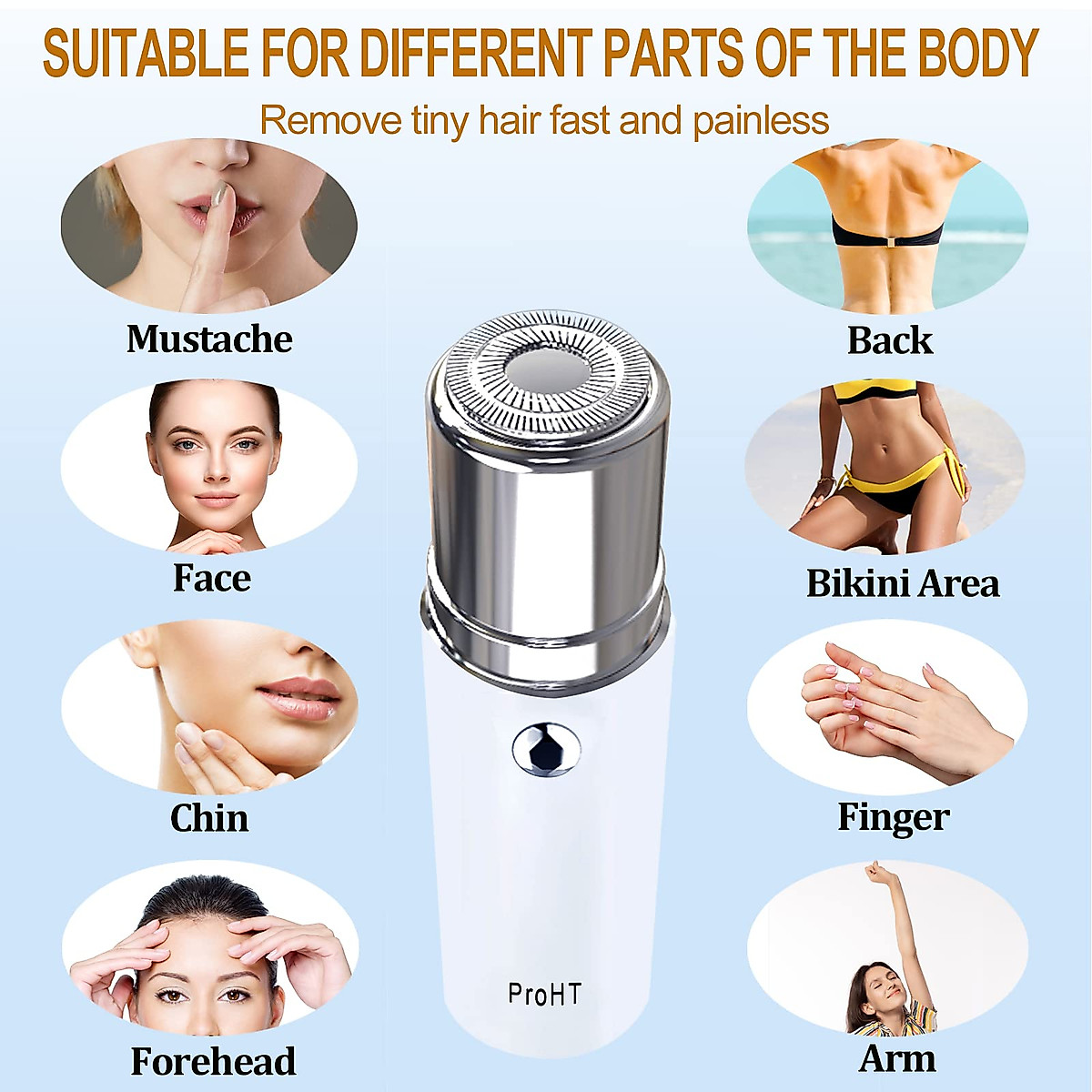 ProHT Facial Hair Removal for Women Rechargeable, Painless Fast Hair Remover, Womens Face Shaver for Upper Lip, Chin, with 1 More Replacement Head,15 Hours Working Time (D-0002)