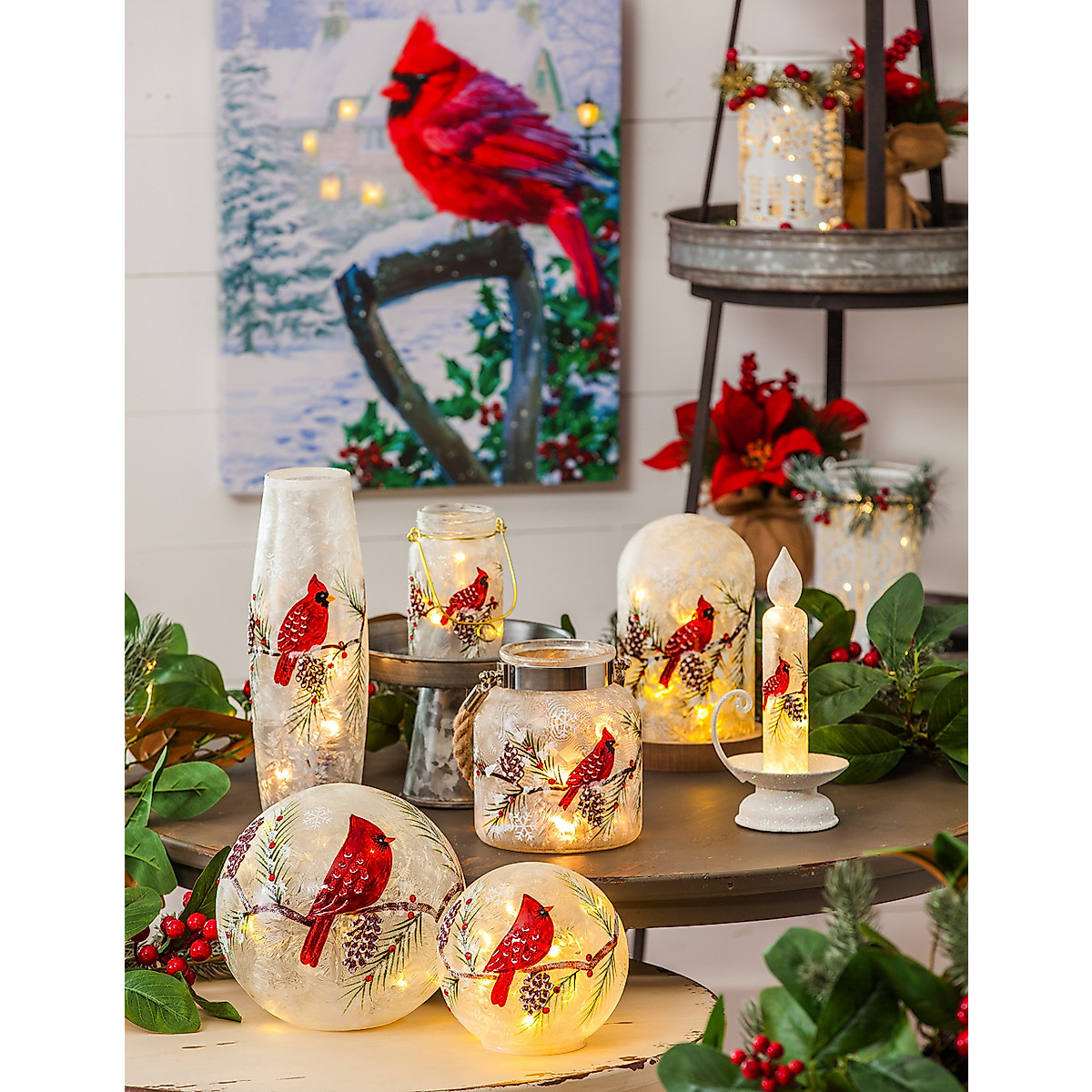 Cypress Home Beautiful Pine Cones and Cardinal Hand Painted Glass LED Globe Table Décor, Set of 2-7 x 7 x 7 Inches Indoor/Outdoor Decoration for Homes, Yards and Gardens