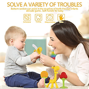 Baby Teething Toys for Newborn (4-Pack),Baby Chew Toys Teething Freezer Set Soothing Baby, Toddler Silicone Banana Toothbrushes Fruit Giraffe Teethers Soothe Babies with Storage Case Set