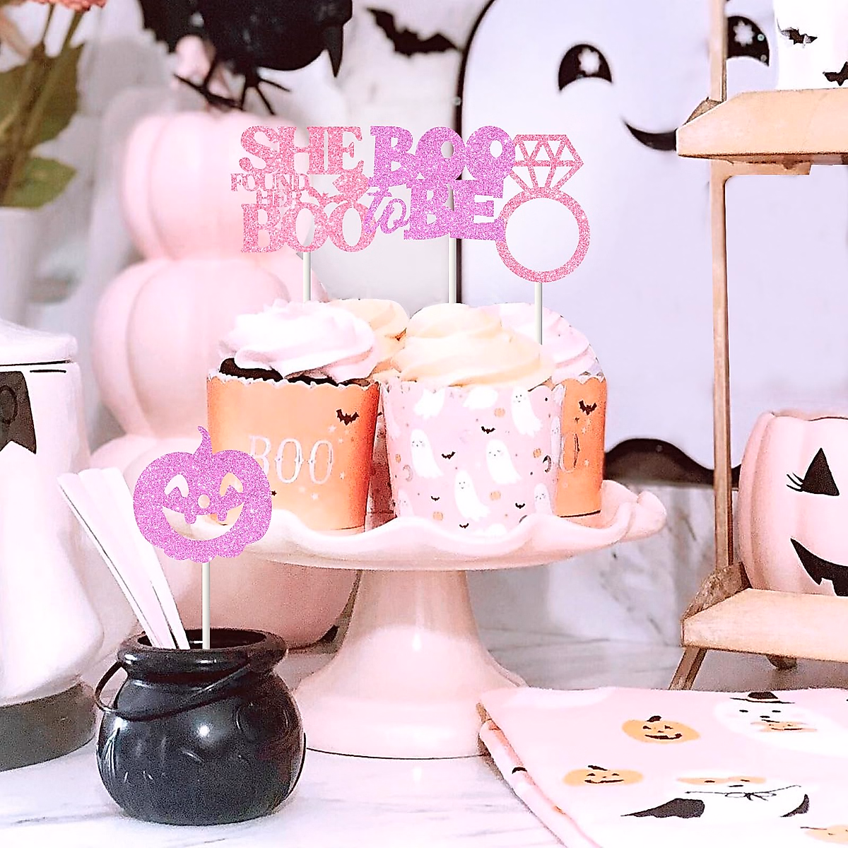 JOYMEMO 36 Pcs Halloween Bachelorette Cupcake Toppers Pink Purple - She Found Her Boo Bridal Shower Decorations, Boo to Be Cake Decorations for Engagement Party