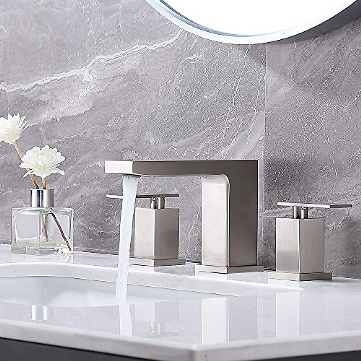 KINGO HOME Widespread 3 Hole 2 Handle Brushed Nickel Bathroom Faucet, Modern Vanity Basin Bathroom Sink Faucet