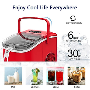 Joy Pebble Ice Maker Countertop with Handle, Self-Cleaning Portable Ice Machine with Basket and Scoop, 9 Cubes in 6 Mins, 26Lbs/24H Handheld Ice Maker for Home/Kitchen/Office/Party (Red)