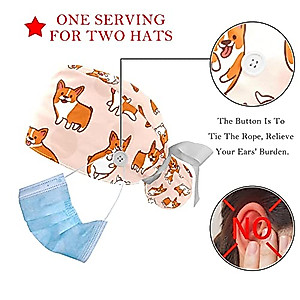 Pink Corgis Dog Scrub Hats for Women Long Hair, Working Cap with Button & Sweatband, Unisex Tie Back Hats 2 Packs