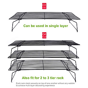 3 Tier Non Stick Cake Cooling Rack - Oven Safe, Heat Resistant, Space Saving Stackable Wire Tray with Collapsible Legs for Roasting, Cooking, Grilling, Drying, Plus Multi-use Basting Brush, 10x16 in