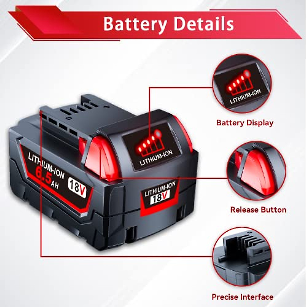GROWFEAT 4-Pack 6.5Ah 18V Battery Replacement for Milwaukee M-18 Battery, Compatible with Milwaukee Battery 18V Charger and Tools