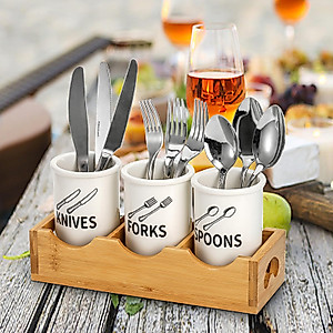 Nicunom Set of 3 Ceramic Flatware Caddy with Bamboo Wood Base, Kitchen Utensil Holder Silverware Organizer for Spoons, Knives and Fork, Farmhouse Decor Kitchen Tool Crocks for Countertop