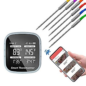 AMTAST Smart Wireless BBQ Thermometer 164ft Bluetooth Meat Thermometer for Barbecue Grilling Cooking Kitchen Food Meat with 6 Stainless Probes, Timer, Alarm
