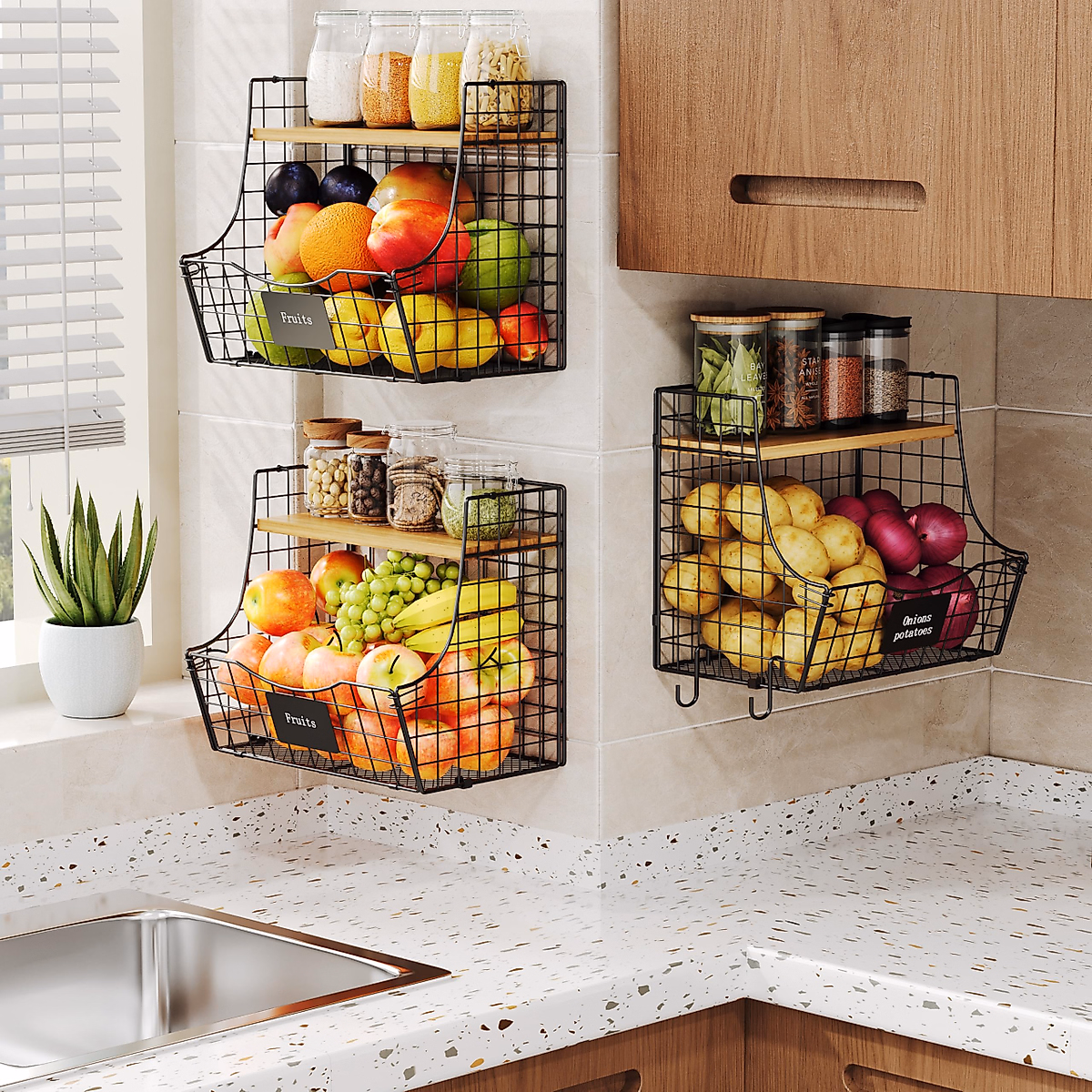 Fruit Basket for Kitchen with Wood Lid - Counter&Wall Mounted Onion and Potato Storage with Nameplate, Stackable Storage Basket, Hanging Metal Wire Baskets Kitchen Countertop Organizer Pantry 3 Pack