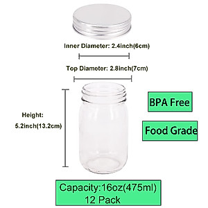 BPFY 12 Pack 16 oz Glass Mason Jars With Lids, Canning Jars for Meal Prep, Food Storage, Canning, Drinking, Oats, Salads, Yogurt, Jelly Jars, Candle Holder