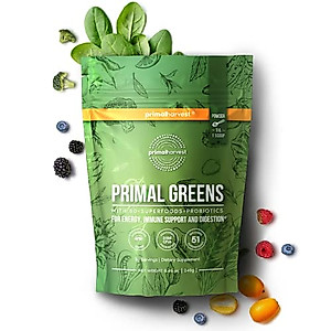 Primal Harvest Super Greens Powder, 30 Servings w/+50 Greens Superfood Chlorella, Probiotics, Green Tea, Wheatgrass, Kale, Turmeric, Green Superfood Powder for Energy - Primal Greens Green Powder