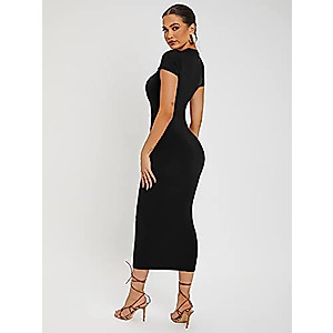 Verdusa Women's Round Neck Cap Sleeve Solid Long Pencil Bodycon Dress Black S