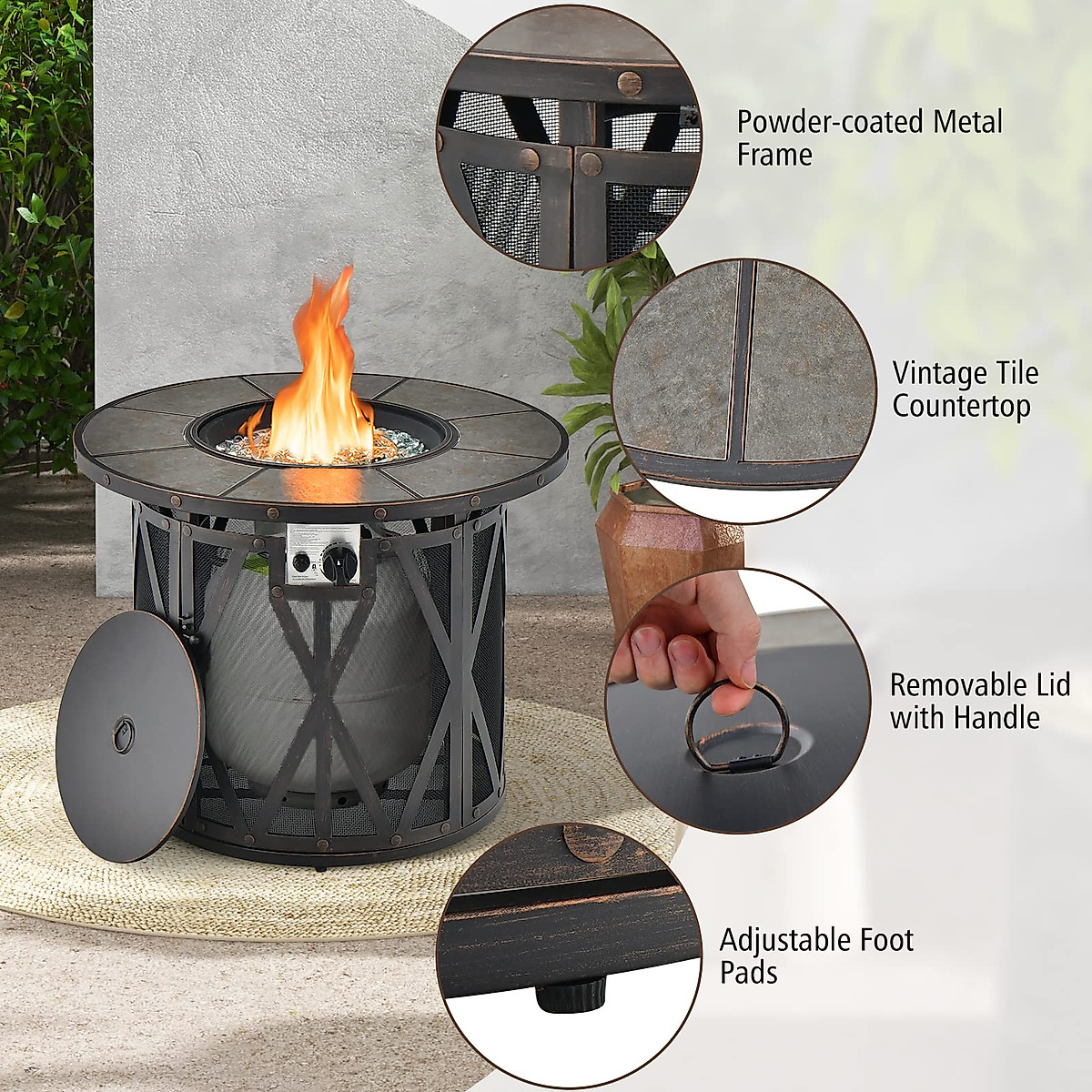 Giantex 32" Propane Fire Pit, 30,000 BTU Round Outdoor Fire Pit Table with Lid, PVC Cover, Glass Stones, CSA Approved, 2-in-1 Ignition Gas Fire Table for Outside Patio Garden Backyard Deck, Black