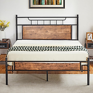 VECELO Queen Size Bed Frame with Wood Headboard, Strong Metal Slats Support for Platform,No Box Spring Needed,Easy Assembly,Rustic Brown