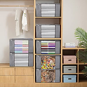 BUORCVZ Large Clothes Storage Bag 3-Pack, Foldable Storage Bin Closet Organizer with Reinforced Handle Clear Window, Fabric Storage Containers for Blanket, Comforters, Bedding, Grey