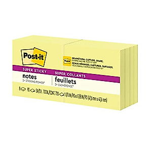 Post-it Super Sticky Notes, 2x2 in, 8 Pads, 2x the Sticking Power, Canary Yellow, Recyclable (622-8SSCY)