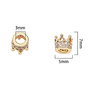Stiesy 10 Pcs Brass Micro Pave Cubic Zirconia Crown Beads Bulk Long-Lasting Real 18K Gold Plated Spacer Loose Beads for Bracelets Necklace DIY Jewelry Making - 7x5mm