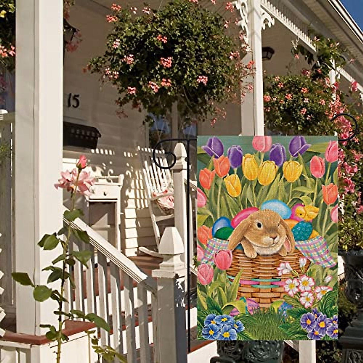 Happy Easter Bunny Garden Flag, Rabbit Lily Flower Burlap Decorations, Vertical Double Sided Season Greeting Decor, Outdoor Indoor Spring Yard Flag 12.5 x 18 Inch (Easter)