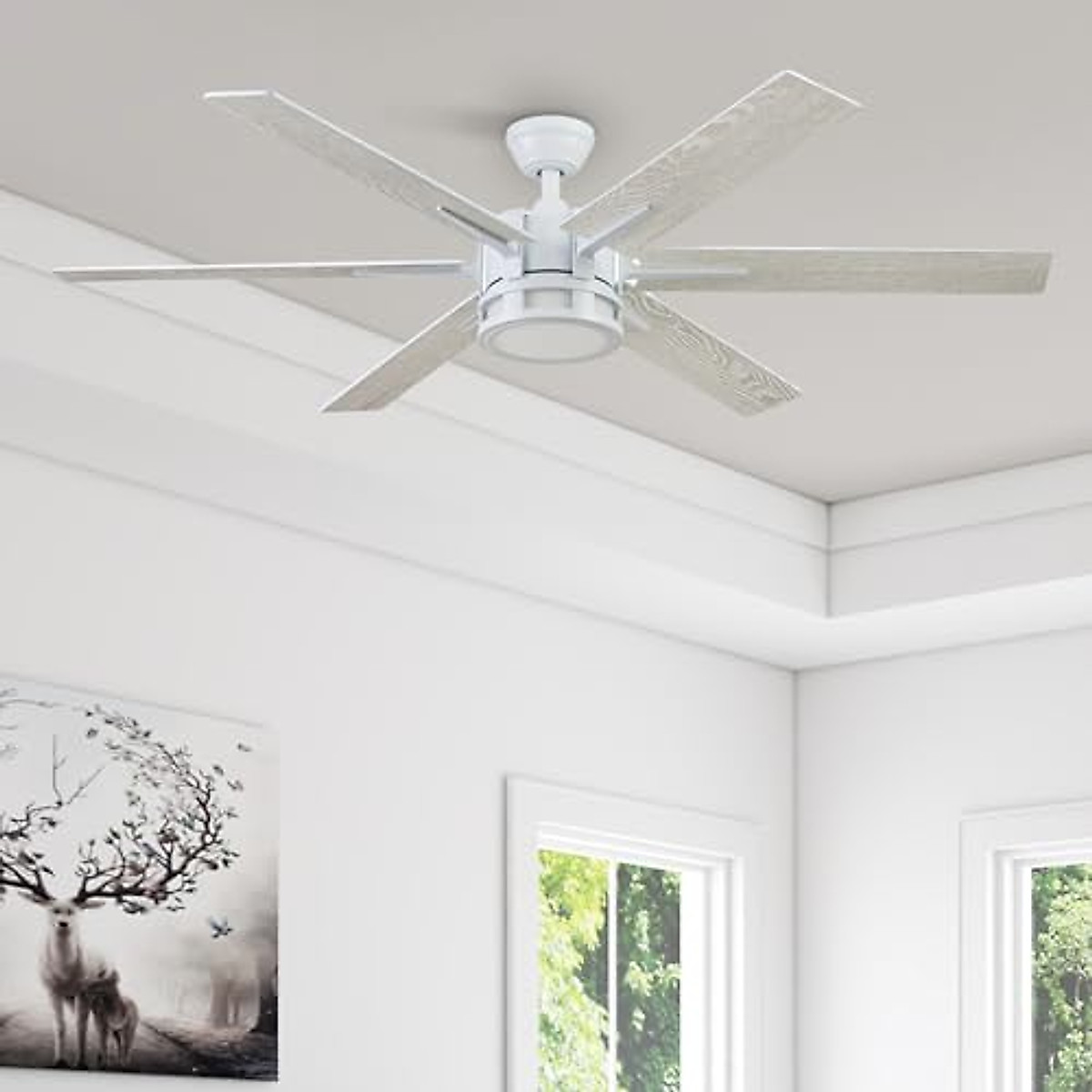 Honeywell Ceiling Fans Kaliza Modern 56 Inch Ceiling Fan with Light, Remote Control Fan, LED Indoor Fan with 6 Blades, Gray Wash and White Blade Finish Options, Bright White (51477-01)
