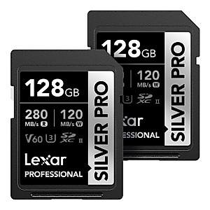 Lexar 128GB (2-PK) Professional SILVER PRO SDXC Memory Card, UHS-II, C10, U3, V60, Full-HD & 4K Video, Up To 280MB/s Read, for Professional Photographer, Videographer, Enthusiast (LSDSIPR128G-B2NNU)