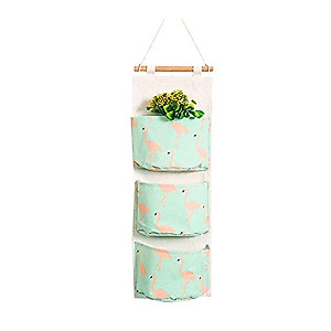 WishLotus Wall Hanging Storage Bag, Linen Storage Organiser, Over Door Storage 3 Pockets Storage Bag with Waterproof PE Coated Interior and Wooden Stick&Cotton Rope for Door, Wall, Closet (Green)
