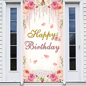 Rose Gold Birthday Door Banner Decorations, Pink Flower Happy Birthday Door Cover Sign Party Supplies for Women Girls, 16th 21st 30th 40th 50th 60th Birthday Photo Booth Background Decor