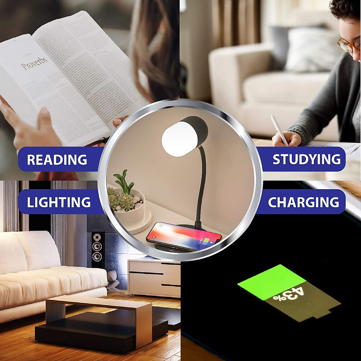 Led desk lamp with QI wireless smart charger. Home office bedside table night light lamp. Bluetooth connected speaker. 3 lighting color changing modes and touch control. Nightlight lamps for bedrooms.