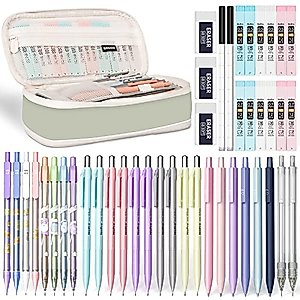Nicpro 46PCS Aesthetic School Supplies With Big Capacity Pen Case, 26PCS Cute Pastel Mechanical Pencils 0.5 mm & 0.7 mm with 12 Tube HB Lead Refills, Erasers,Eraser Refills for Student Writing Drawing