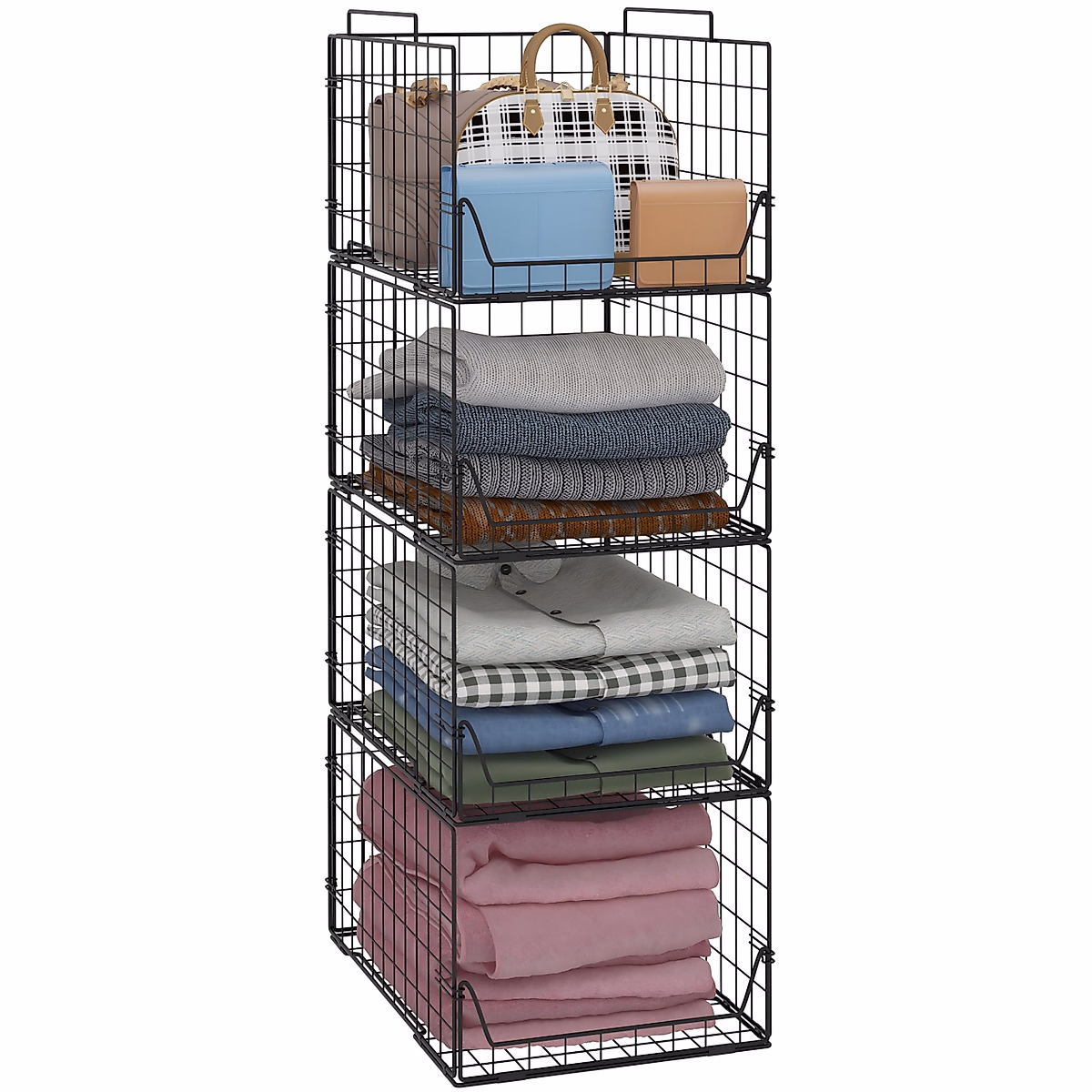 Jakyitvi Stackable Closet Organizers and Storage Bins 4 Pack, Folded Drawer Shelf Organizer for Closet Wardrobe, Sturdy Metal Clothes Storage Container for Clothes Pants Sweaters, Black