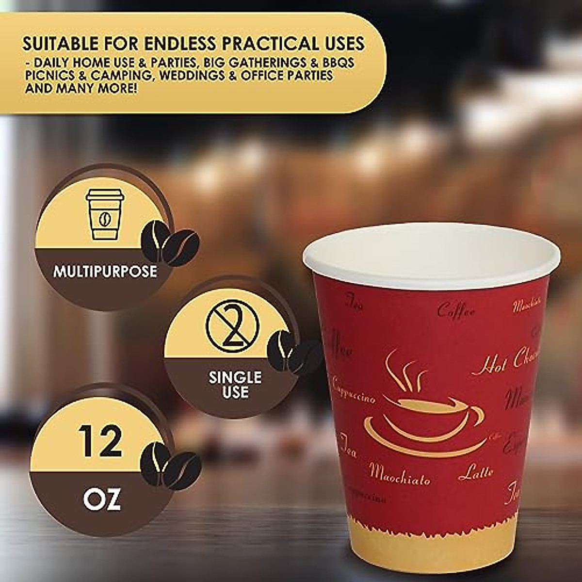 PAMI Hot Coffee Paper Cups -Disposable Take-Away Coffee Cups For Hot Drinks- Single-Use Paper Glasses For Espresso, Hot Chocolate, Tea- Cute To-Go Hot Beverage Drinking Cups (1000, 12oz)