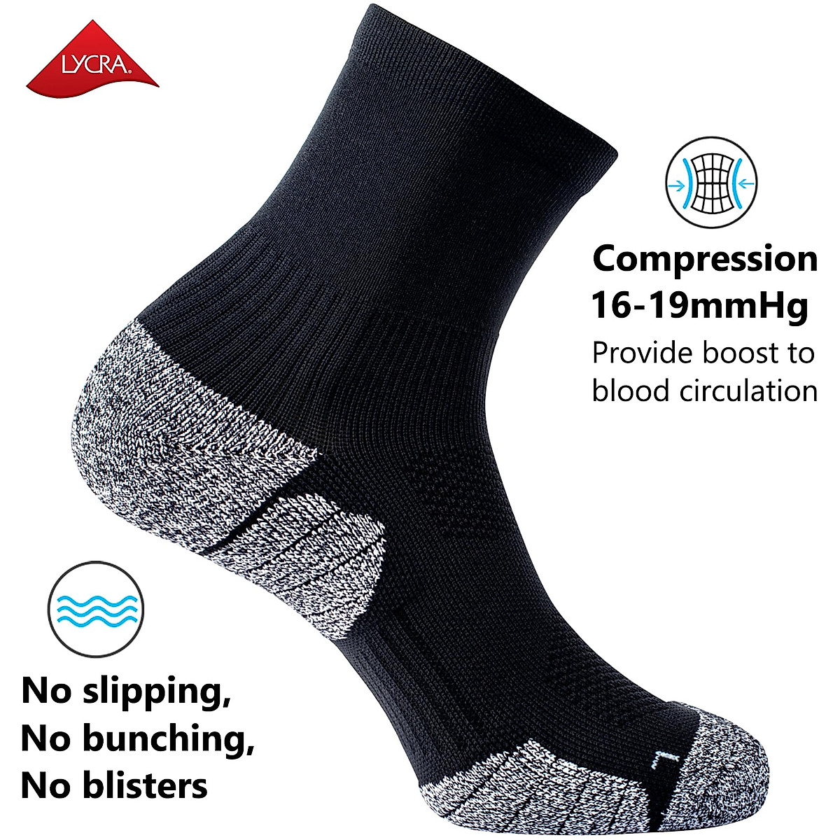 CWVLC Compression Athletic Unisex Quarter Socks Cushioned, 4-Pairs Black, L