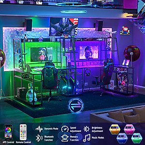 L Shaped Gaming Desk with Hutch & Shelves, 47'' Gaming Computer Desk with LED Lights & Power Strips, Reversible PC Gaming Desk L Shape with Storage, L Desk for Gaming with Monitor Stand, Black