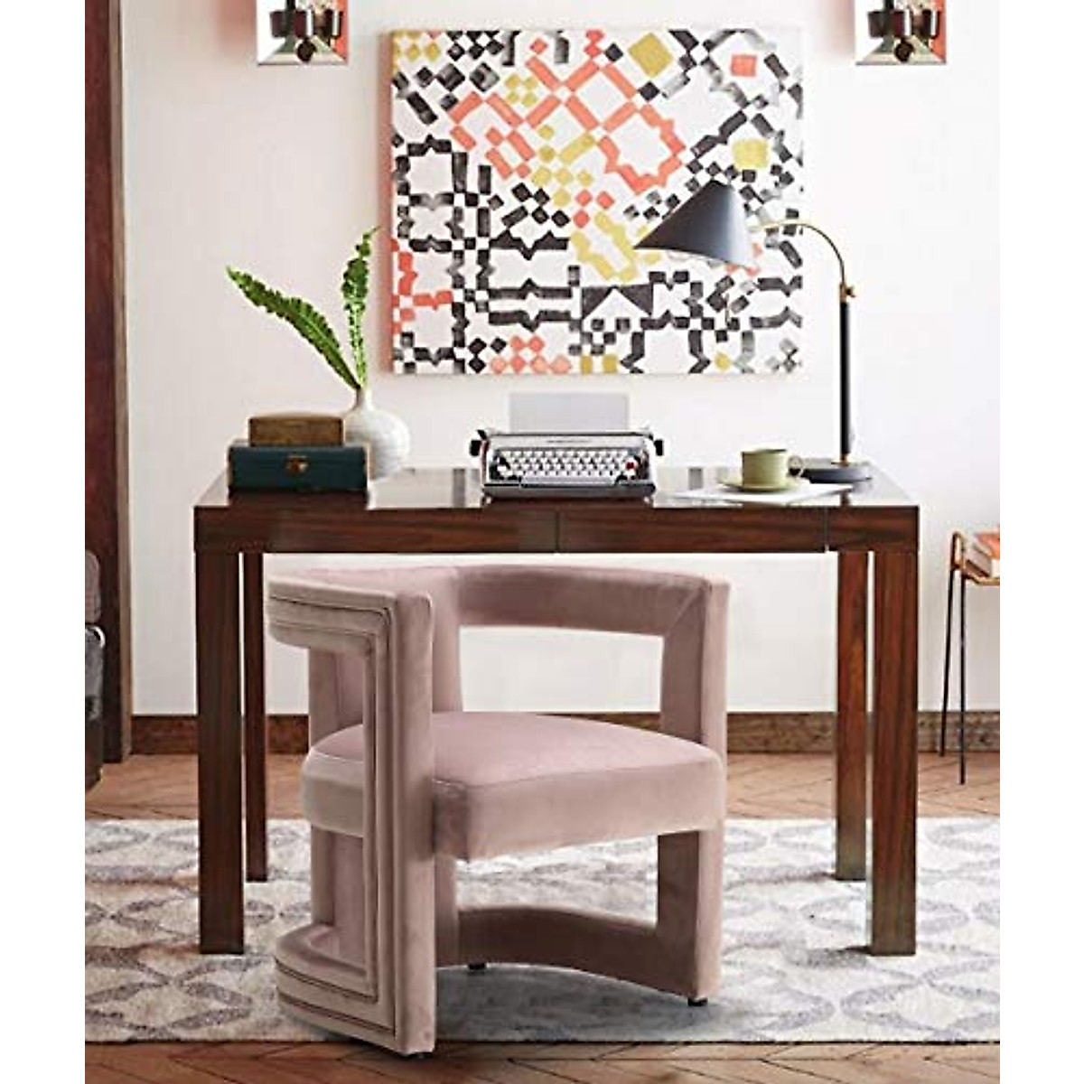 Meridian Furniture Blair Collection Modern | Contemporary Velvet Accent Chair with Upholstered Barrel Design, 26" W x 24.5" D x 28" H, Pink