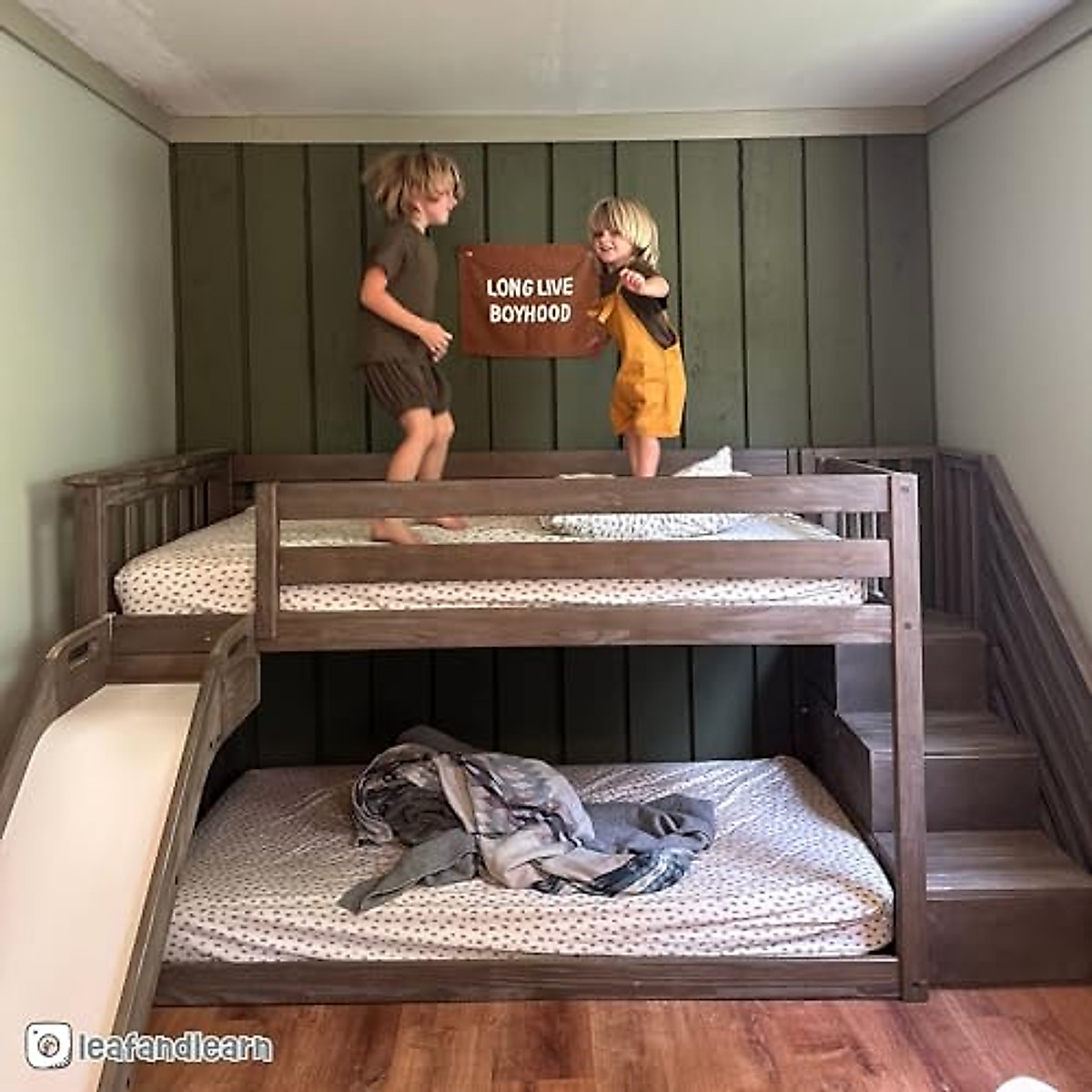 Max & Lily Solid Wood Twin over Twin Size Low Bunk Beds for Kids with Slide and Stairs, 400 lbs Weight Capacity, 14" Safety Guardrail, Anti-Slip Steps, Clay