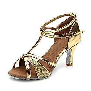 ROGMUJEN Women Latin Ballroom Dance Shoes Tango Salsa Party Dress Pump Heeled Dance Shoes,Gold,8.5US