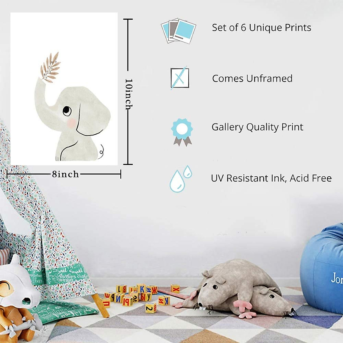 Boho Cartoon Animal Kids Room Decor, Cute Giraffe Elephant Sun Canvas Nursery Wall Art for Baby Girls & Boys Playroom Bathroom Bedroom