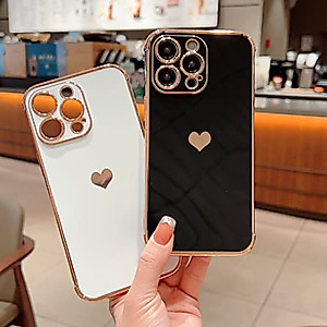 imluckies Compatible with iPhone 14 Pro Max Case, Shockproof TPU Cover with Luxury Gold Plating Edge & Love Heart Pattern, Full Camera Protection Case for Women Girls 6.7" (2022), Black