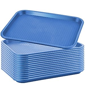 MAHIONG 15 Pack 14 x 10 Inch Blue Large Fast Food Tray, Rectangular Plastic Cafeteria Trays Restaurant Serving Trays, School Lunch Trays