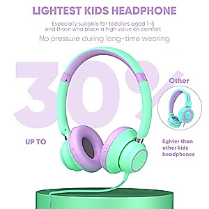 Cowyawn Toddler Headphones Ultra Light Comfort Kids Headphones, Rotatable Wired Headphones with Microphone for Toddlers Kids for School Travel Airplane, 85dB/94dB Volume Limit 3.5mm Jack, Green/Purple