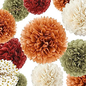 NICROLANDEE Fall Party Decorations, 12 PCS Pumpkin Orange Burgundy Sage Green Ivory Tissue Pom Poms Thanksgiving Decor for Home, Wedding, Birthday, Autumn Harvest Party Supplies