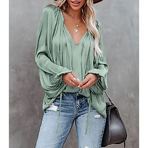 LAMISSCHE Womens Sexy Deep V Neck Blouse Lantern Long Sleeve Chiffon Shirt Oversized Drawstring Silk Satin Tunic(Light Green,XL)