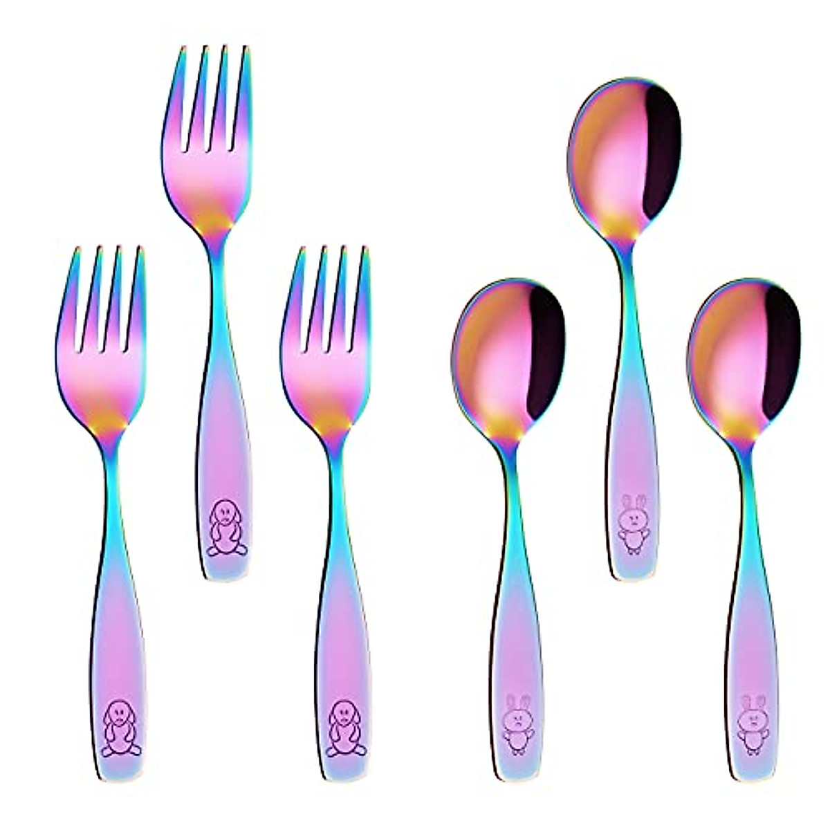 ANNOVA Kids Silverware Children's Safe Flatware Set Stainless Steel - Children Forks, Children Tablespoons, Toddler Utensils, Metal Cutlery Set for LunchBox (Engraved Dog Bunny) (UV Rainbow, 6 Pieces)