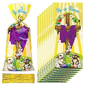 Fovths 100 Pack Easter Treat Bags Plastic Easter Candy Bags, Inspiring He is Risen Sign Clear Cellophane Candy Treat Bags with 100 Piece Gold Twist Ties for Easter Theme Bible School Party Favors
