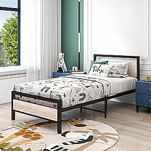 HOJINLINERO Twin Bed Frames with Wood Headboard,Metal Twin Platform Bed Frame No Box Spring Needed,Heavy Duty Steel Slats,No Noise,Natural Oak